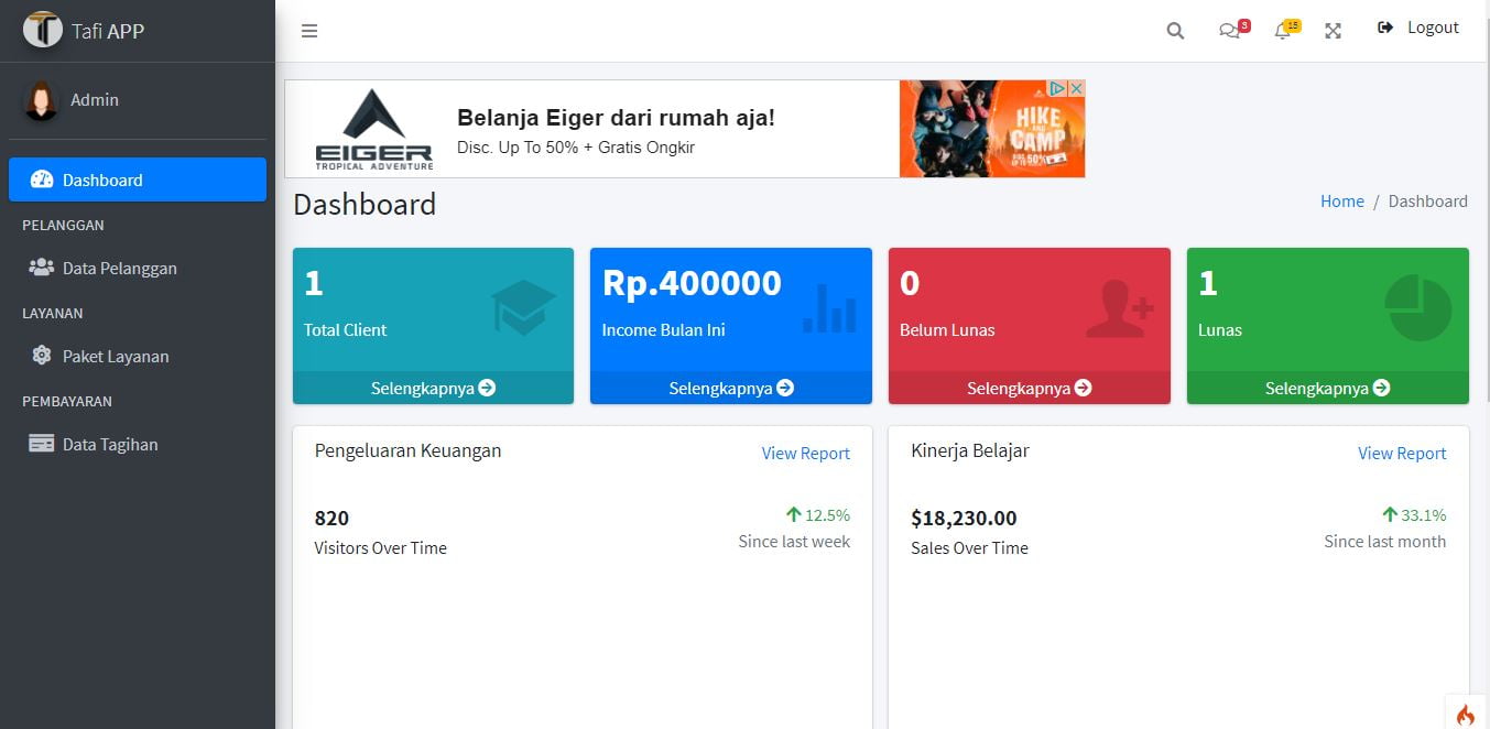 Aplikasi Tagihan Wifi Berbasis Web Codeigniter 4 Admin LTE